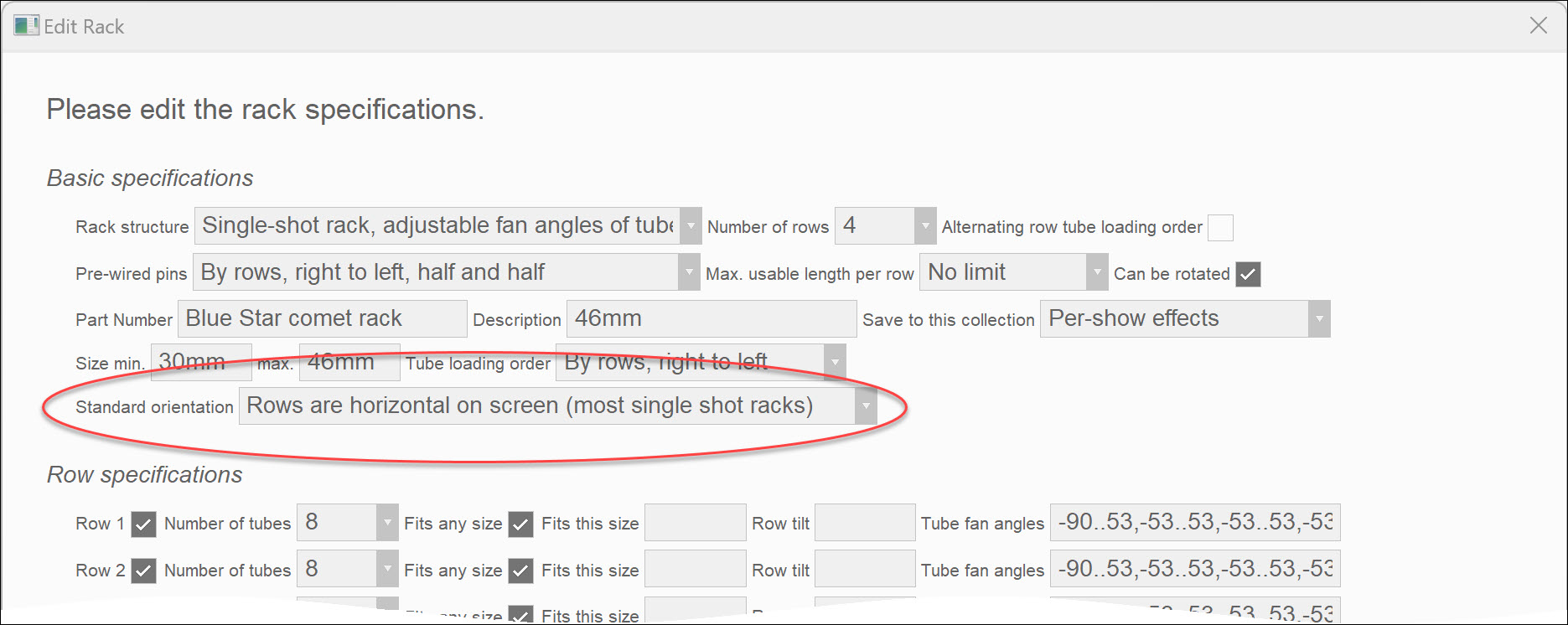 Rack "row" and standard orientation - Finale 3D